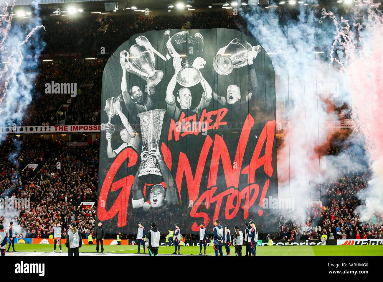 Manchester, UK. 17th Apr, 2025. United fans banner never gonna stop ...