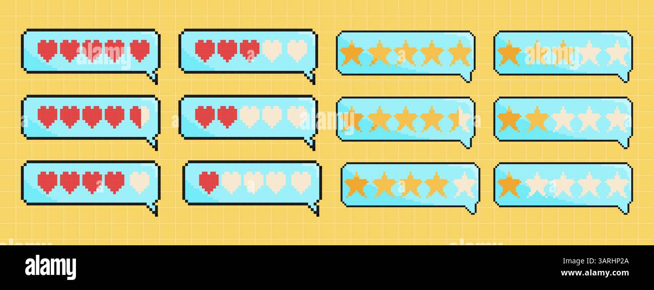 Pixel art retro star and like rating icon set in 8 bit style. Retro 80s ...