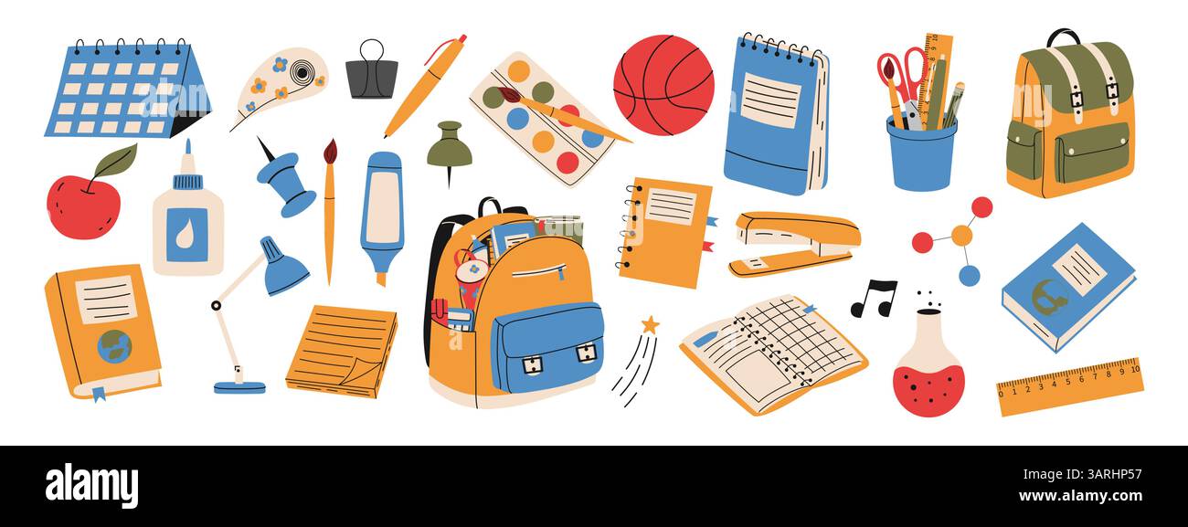 Set of school stationery. Calendar, backpack, glue, books, ruler ...