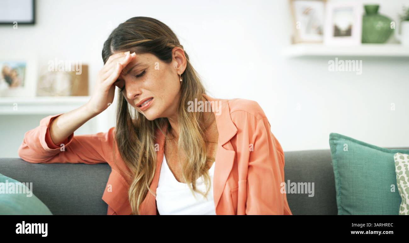 Home, crying and woman with heartbreak, sad and emotional for breakup ...