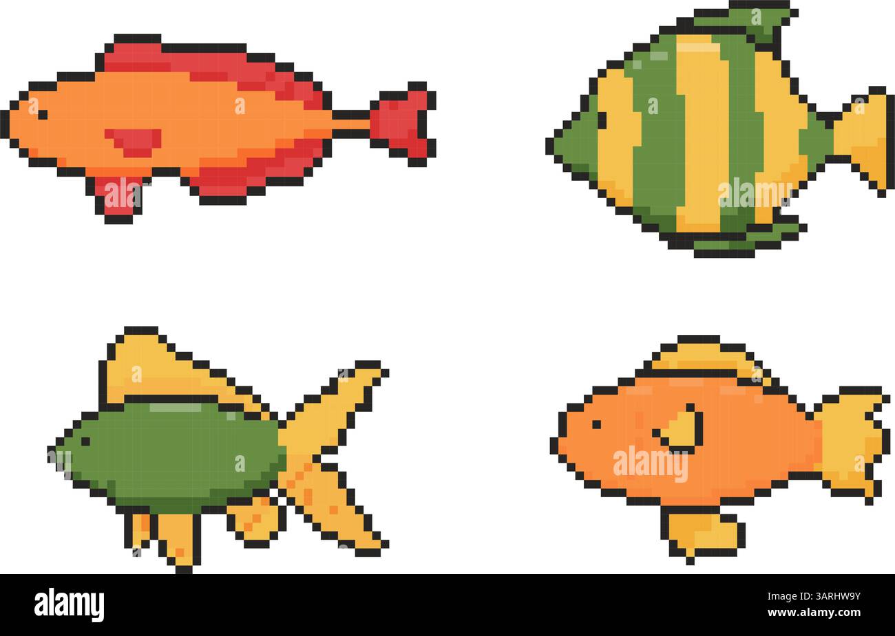 Aquarium fish icon set. Pixel art objects in 8 bit style. Isolated ...