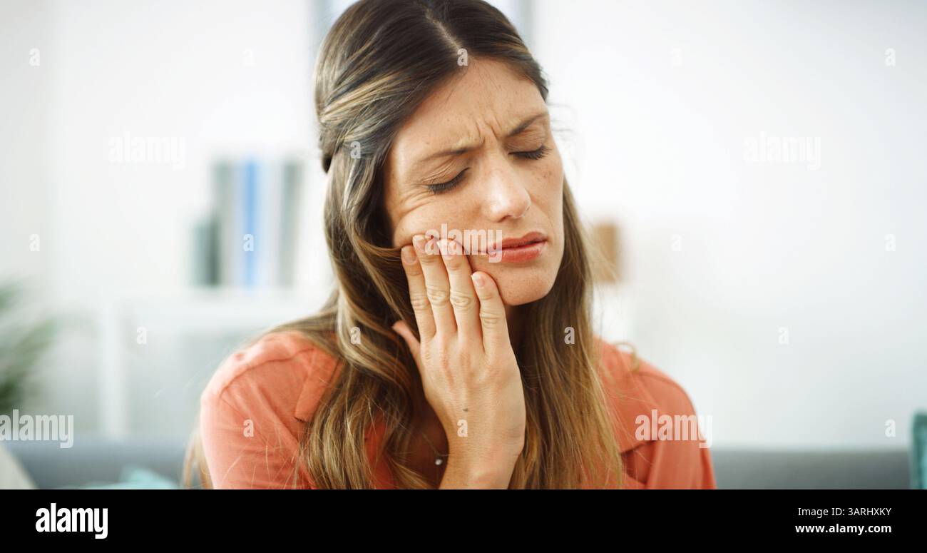 Woman, mouth and pain with toothache at house from dental cavity, tooth ...