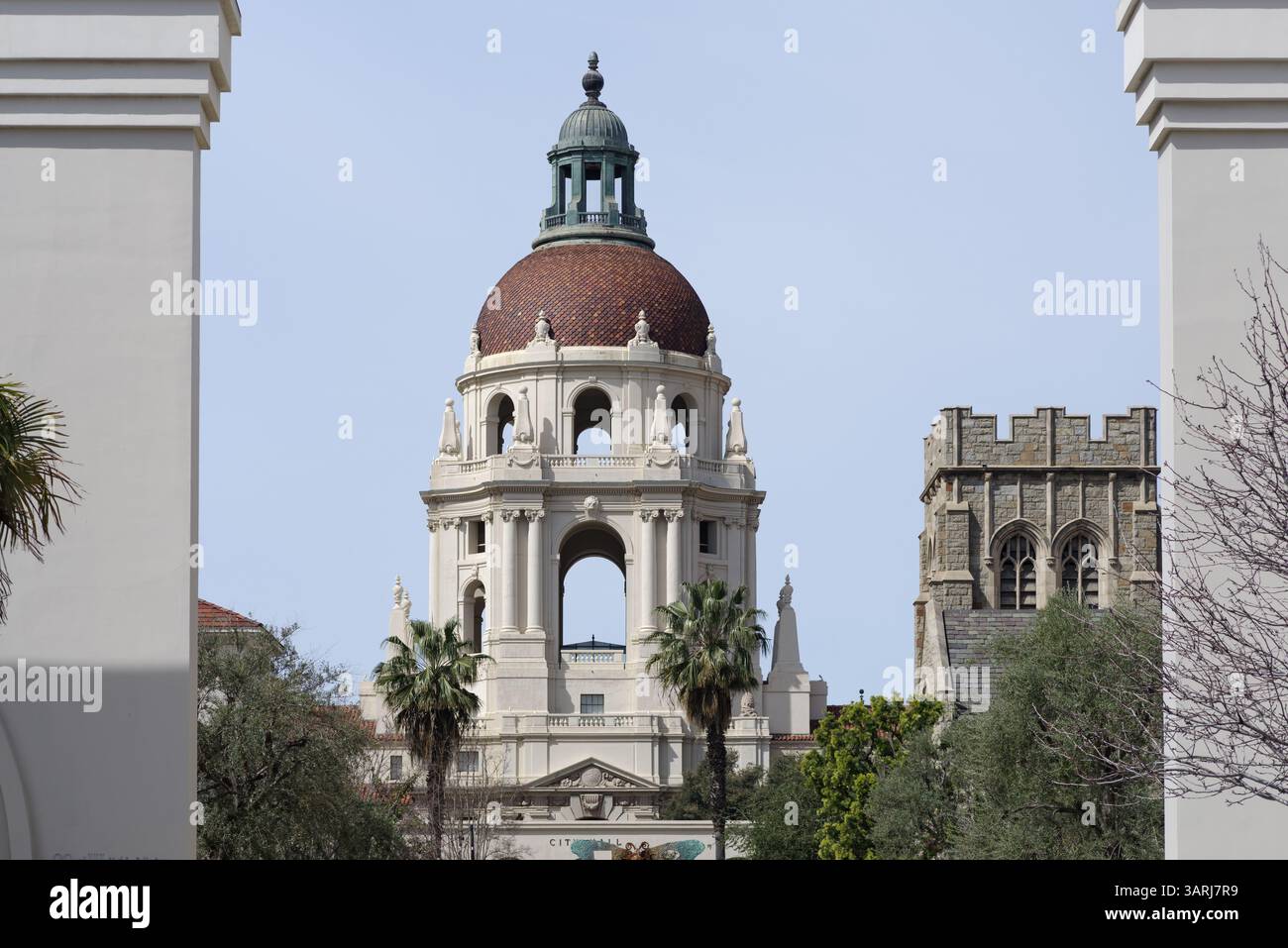 The main tower of the Pasadena City Hall shown framed by external ...