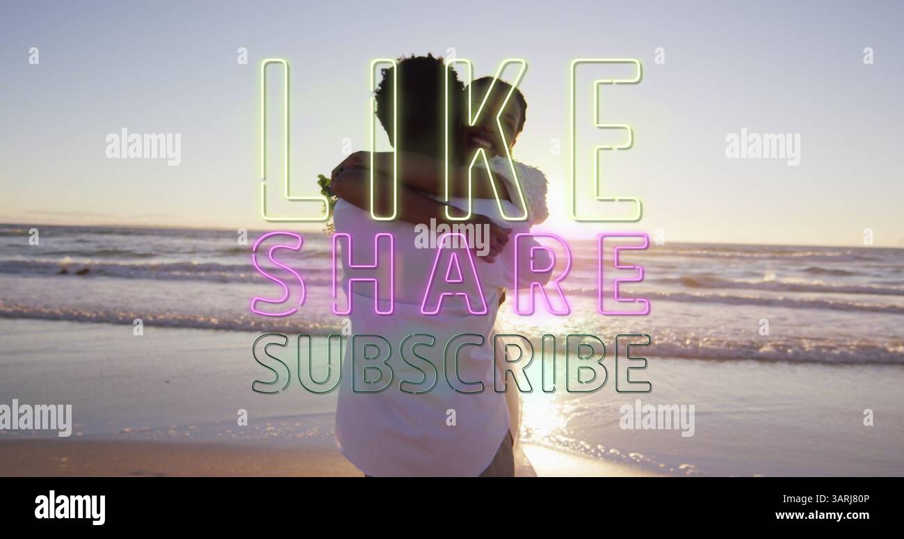 Image of like text over african american couple at beach Stock Photo ...
