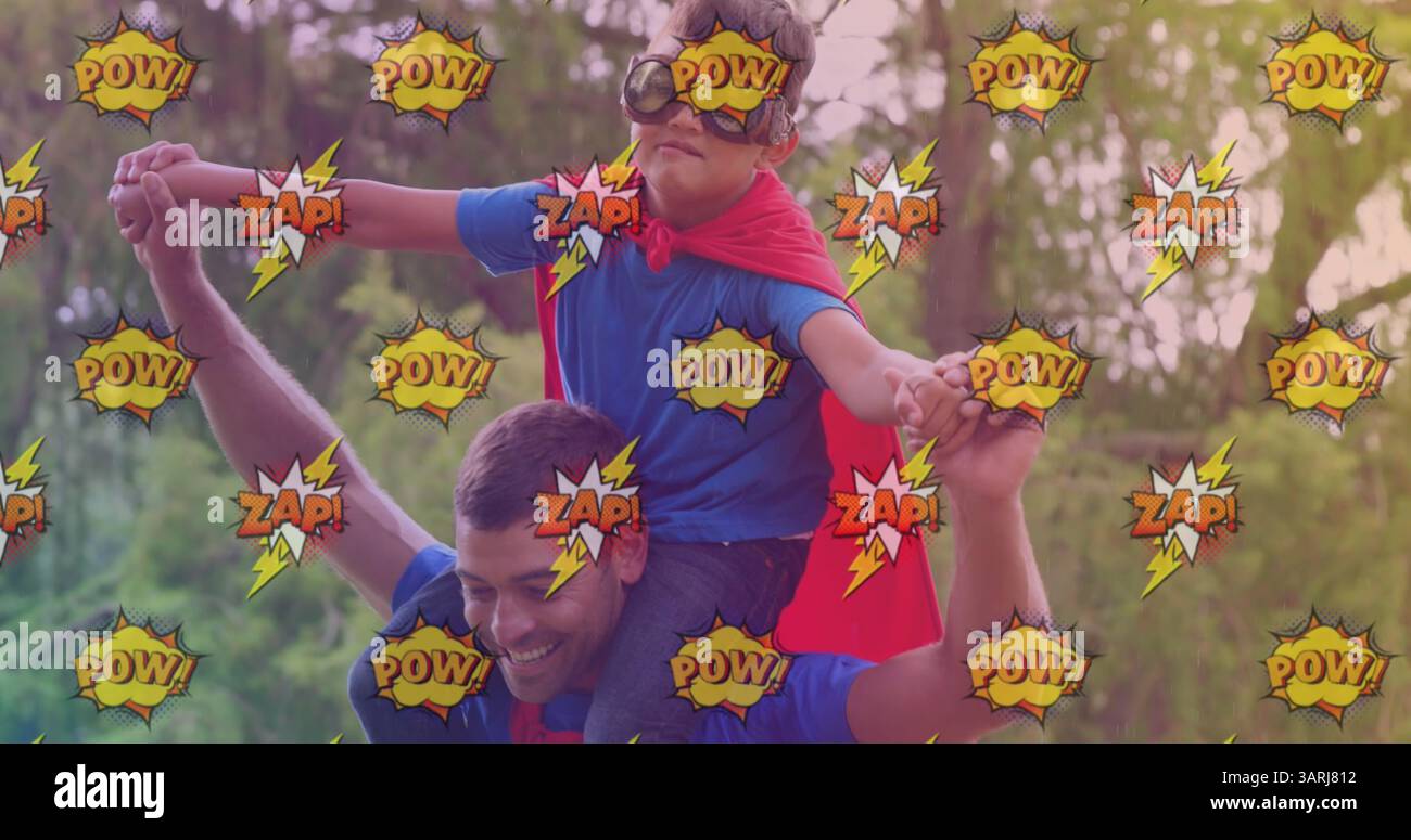 Image of comic icons over happy caucasian father with son with ...