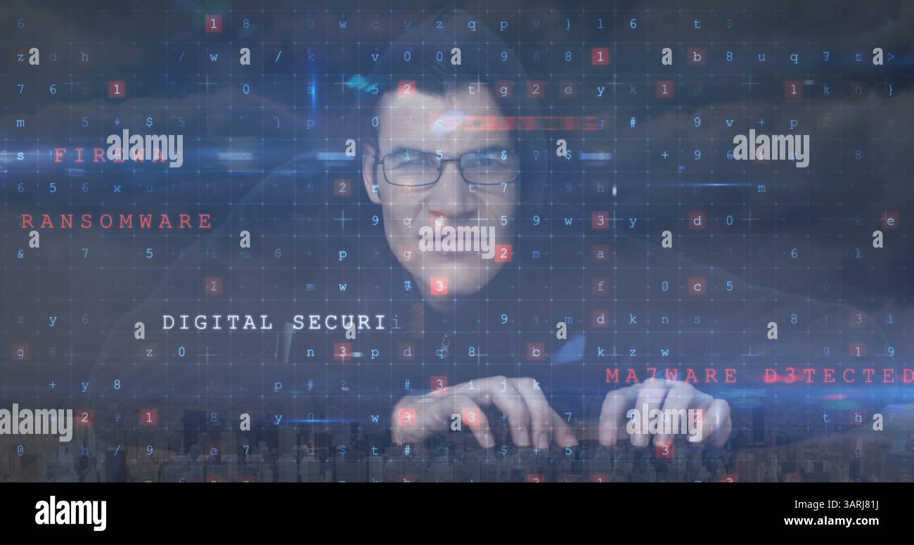 Image of caucasian male hacker and cyber attack warning over cityscape ...