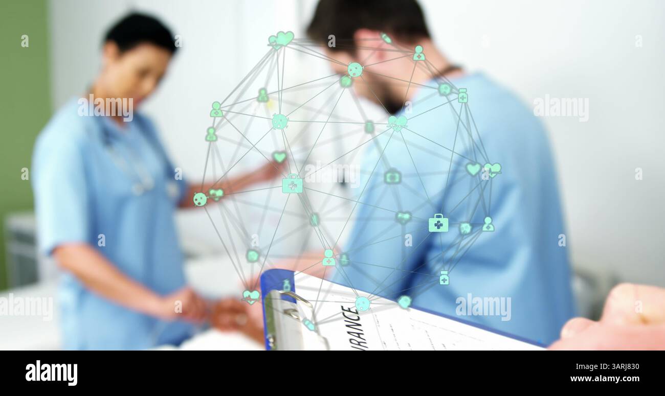 Image of diverse doctors with patient over medical icons Stock Photo ...