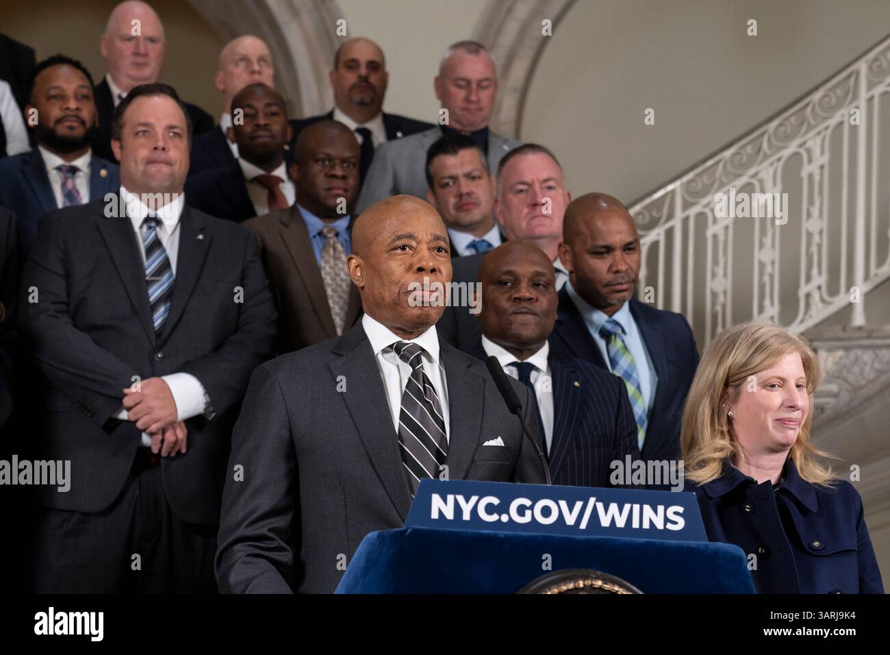 New York, NY - April 15, 2025: Mayor Eric Adams makes Labor- and Public ...