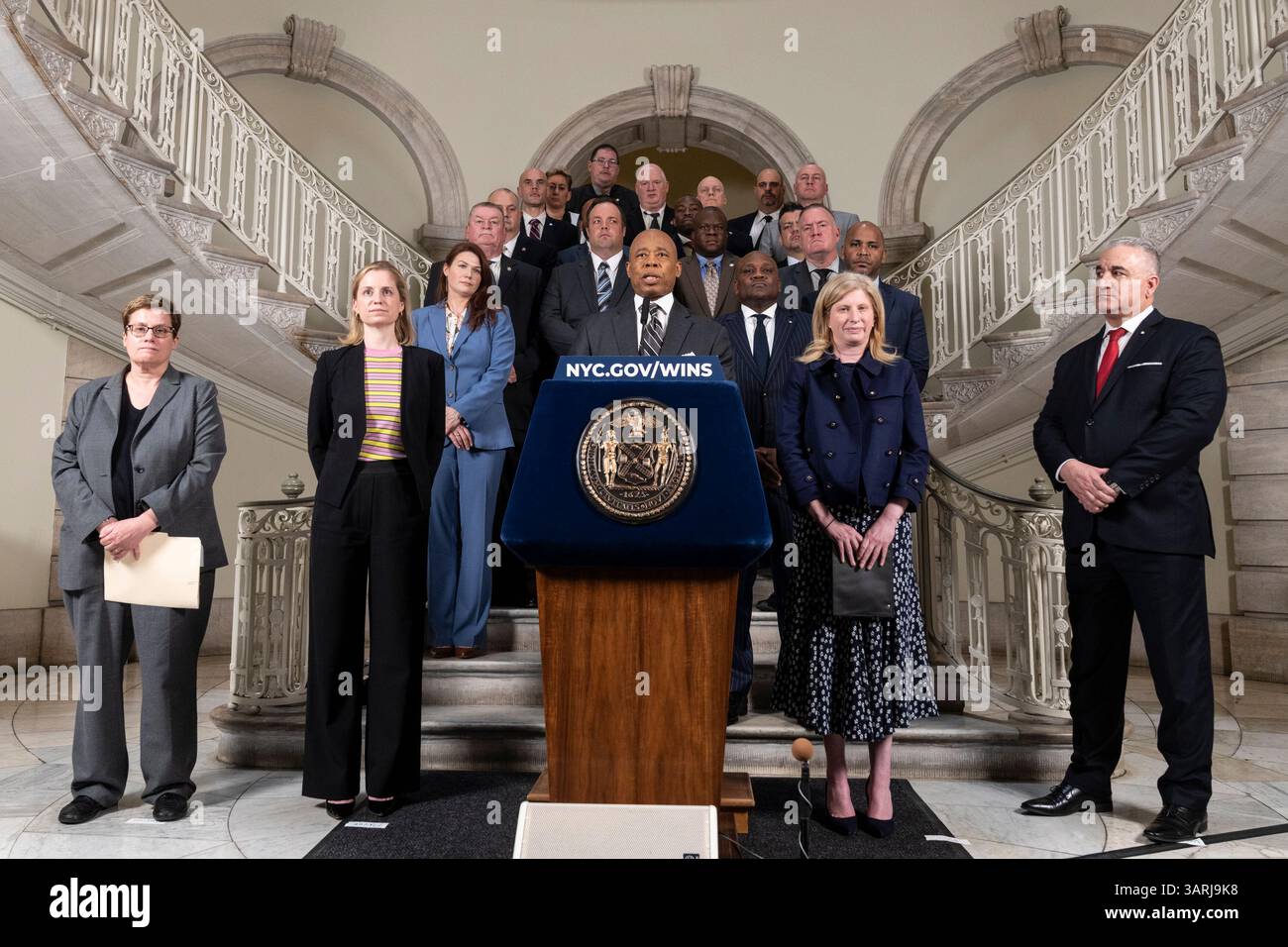 New York, NY - April 15, 2025: Mayor Eric Adams makes Labor- and Public ...
