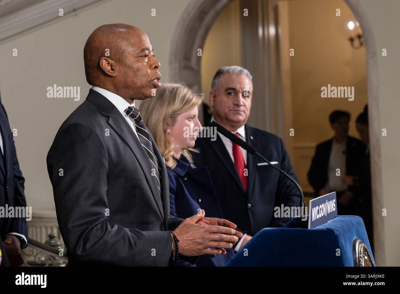New York, NY - April 15, 2025: Mayor Eric Adams makes Labor- and Public ...