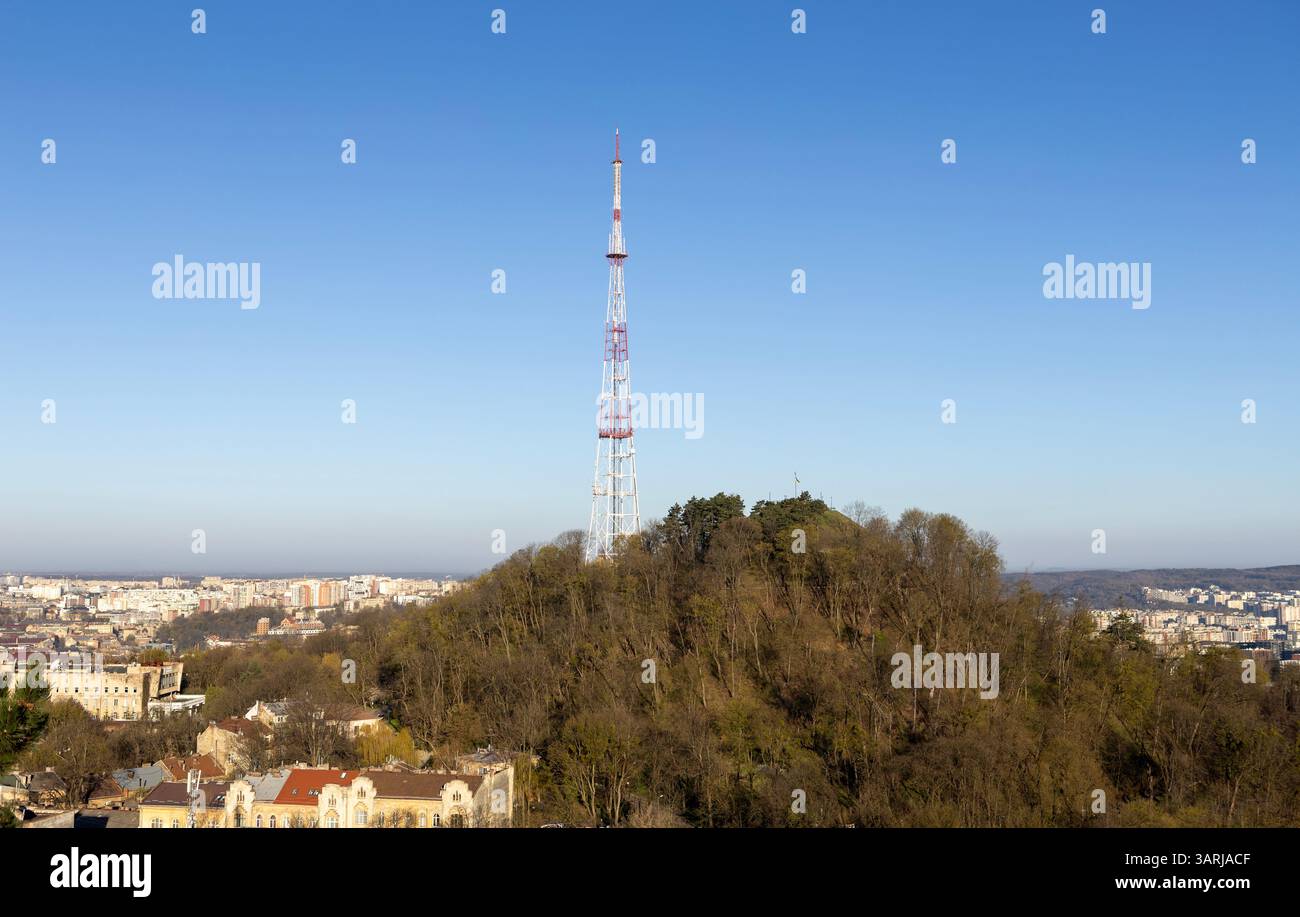Lviv TV tower on the High Castle mountain and the old town of Lviv ...