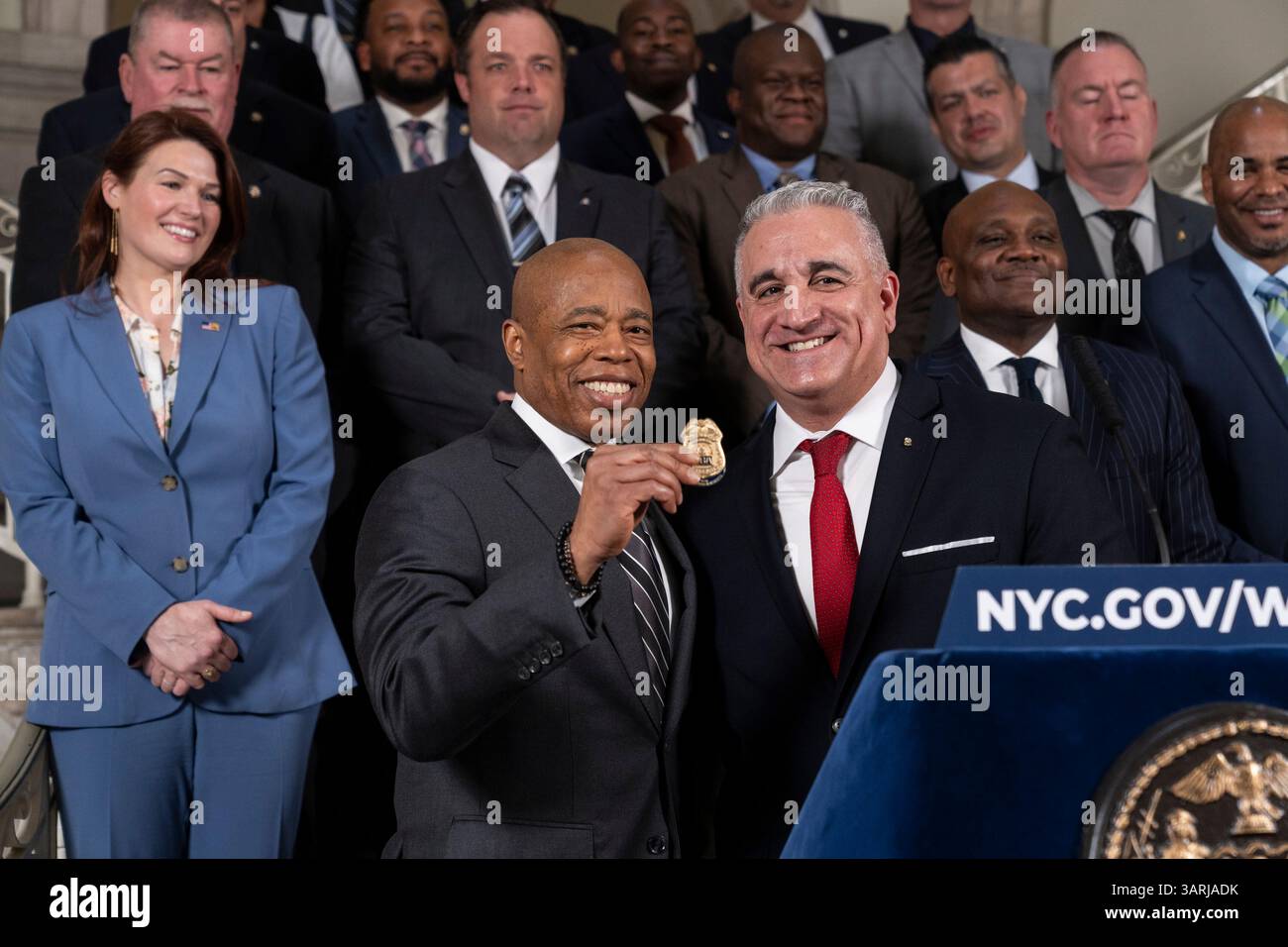 New York, NY - April 15, 2025: Mayor Eric Adams and Vincent Vallelong ...