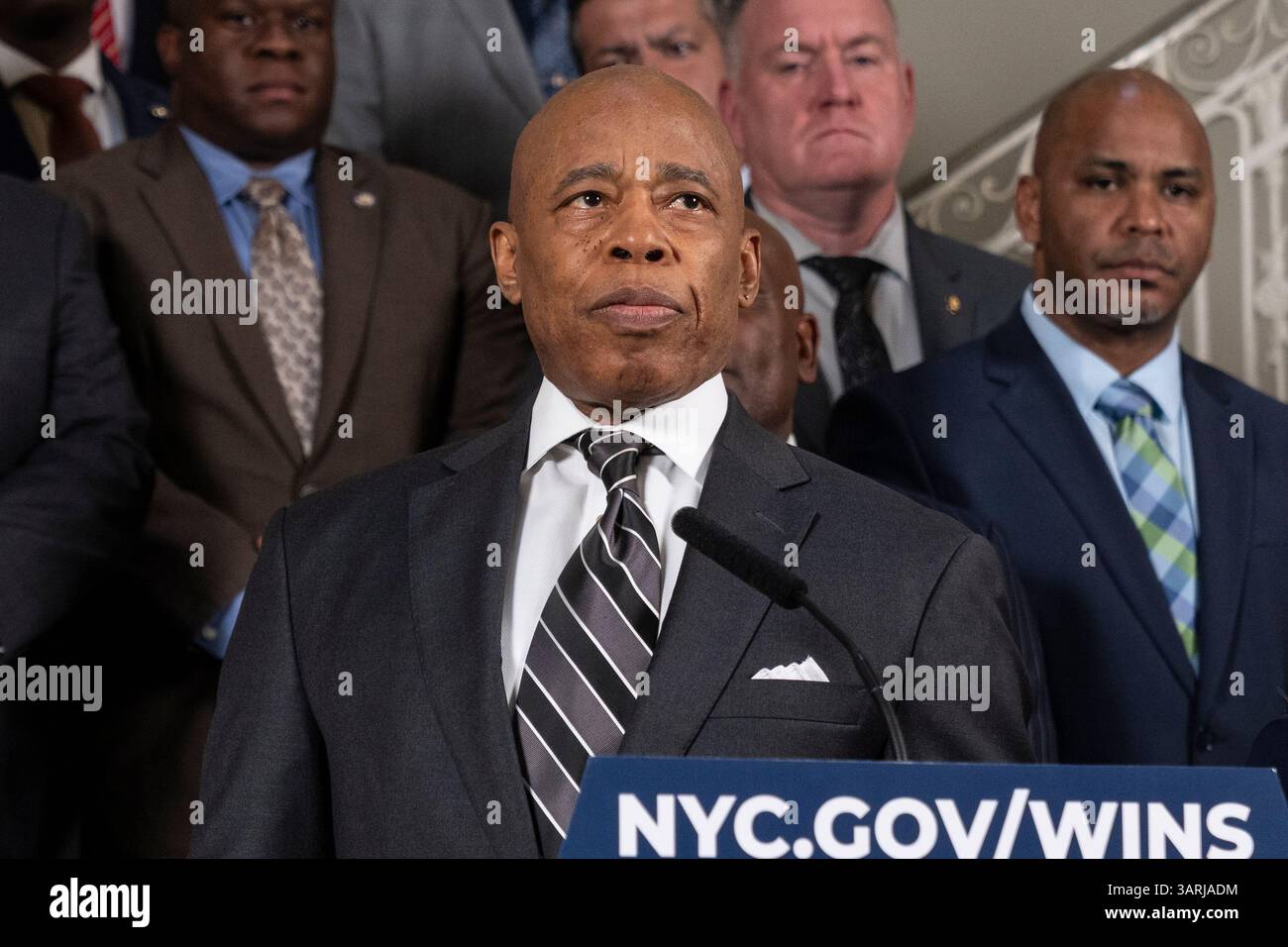 New York, NY - April 15, 2025: Mayor Eric Adams makes Labor- and Public ...