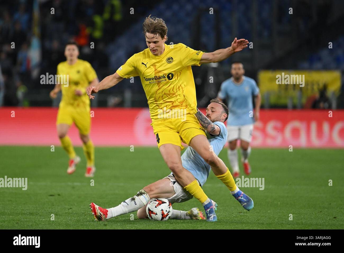 Rome, Italy. 17th Apr, 2025. Ulrik Saltnes of FK Bodø/Glimt and Manuel Lazzari of SS Lazio ...