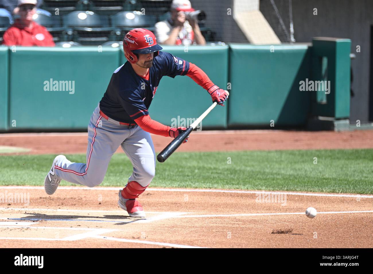 Columbus, Ohio, USA. 17th Apr, 2025. Louisville Bats outfielder Levi Jordan (7) bunts against ...