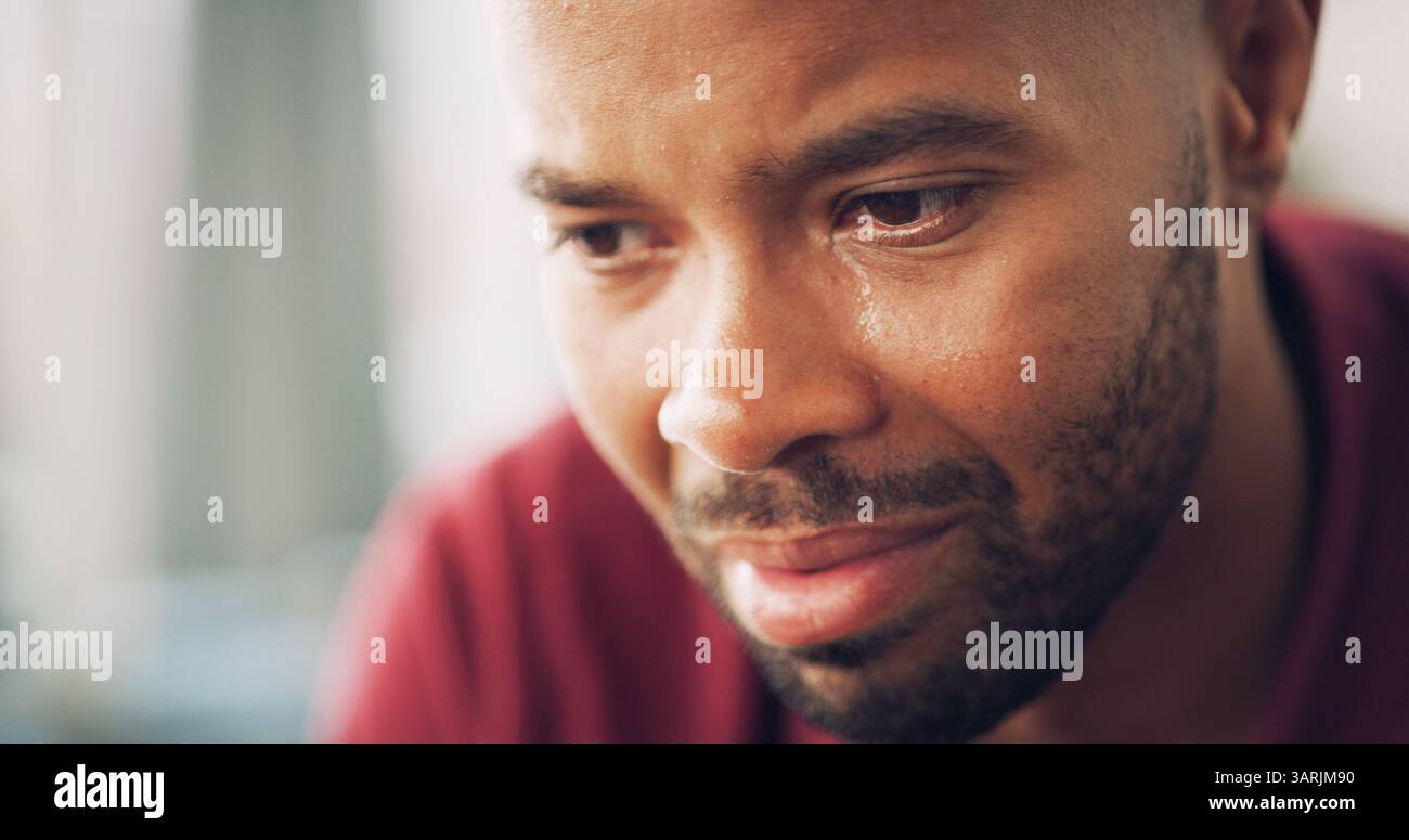 Crying, black man and grief or emotional at house for depression ...
