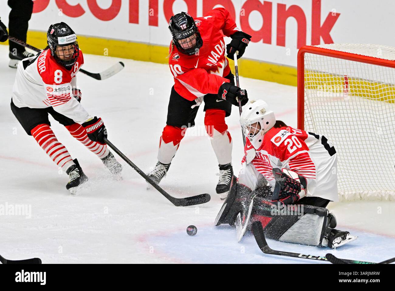 L-R Akane Hosoyamada (JPN), Sarah Fillier (CAN) and goalkeeper Miyuu ...