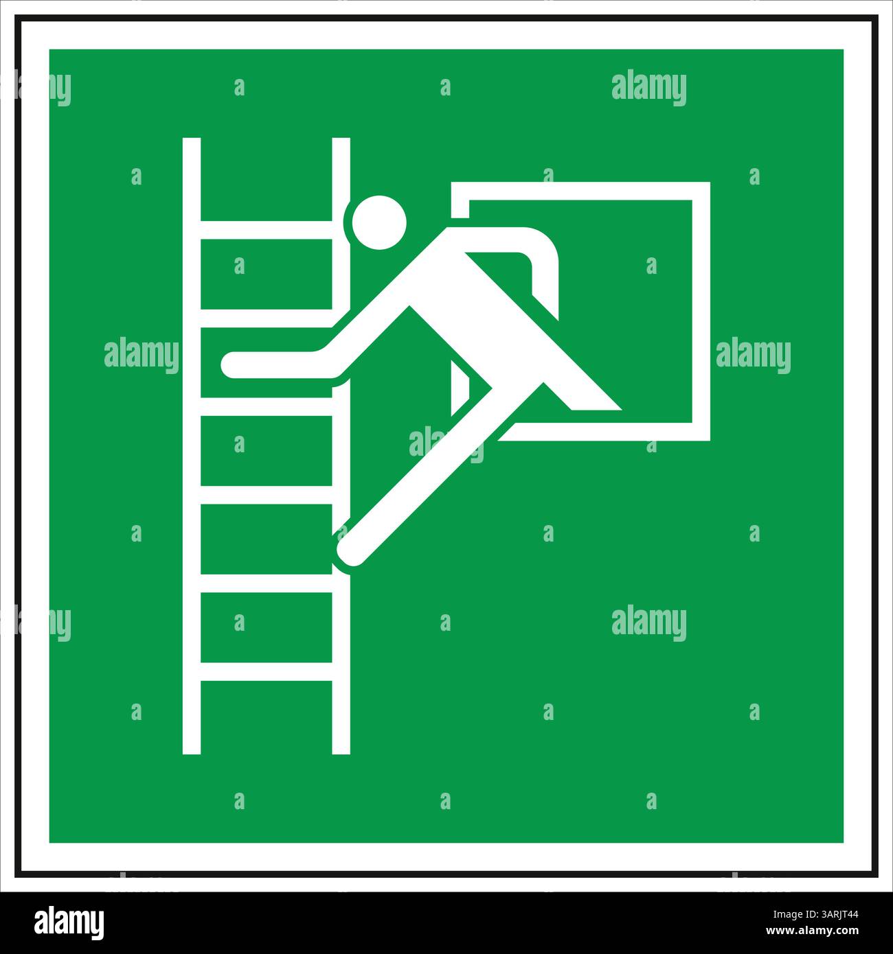 Green emergency escape sign with white icon of person using ladder to ...