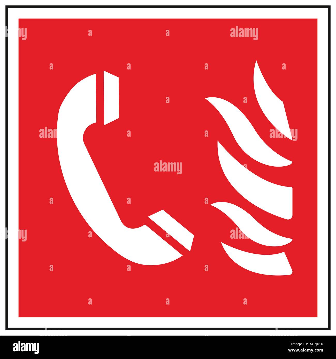 Red and white fire emergency call sign showing a phone and flames ...