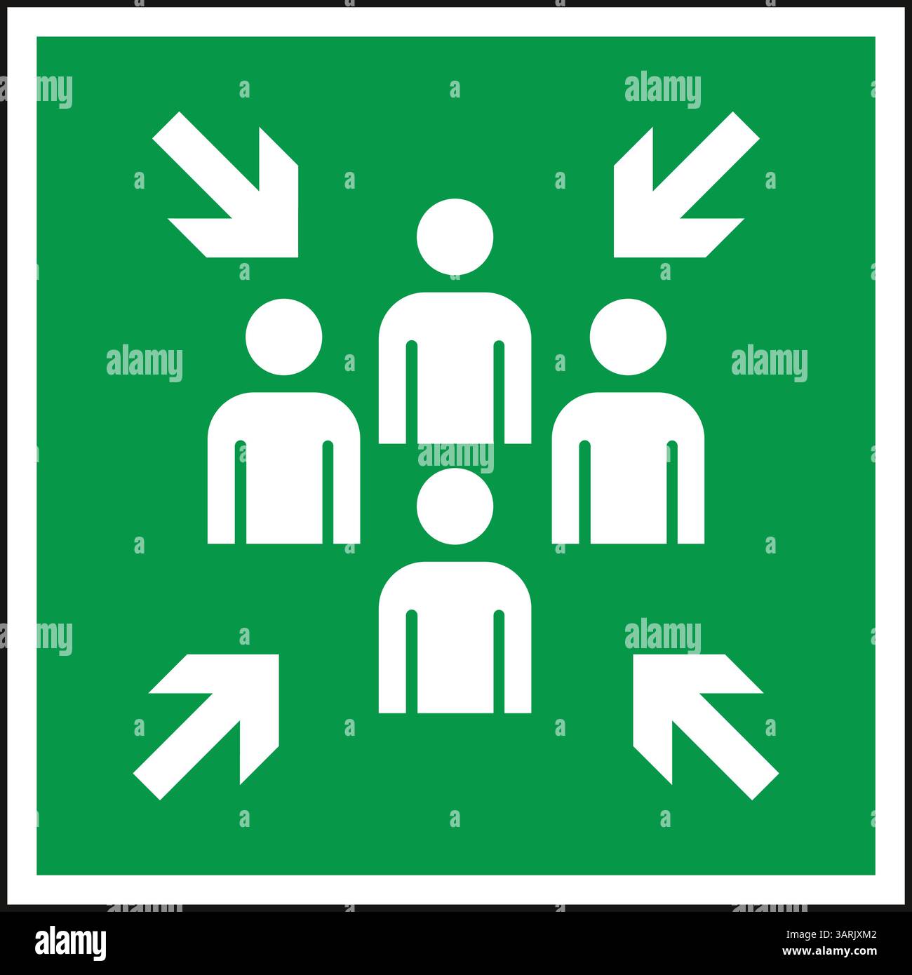 Green assembly point sign indicating a safe gathering area for ...