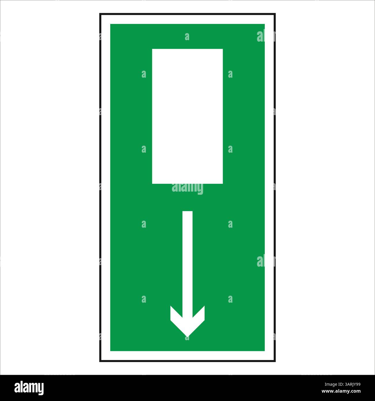 Green emergency exit sign with white arrow pointing downwards, indicating the escape route in ...