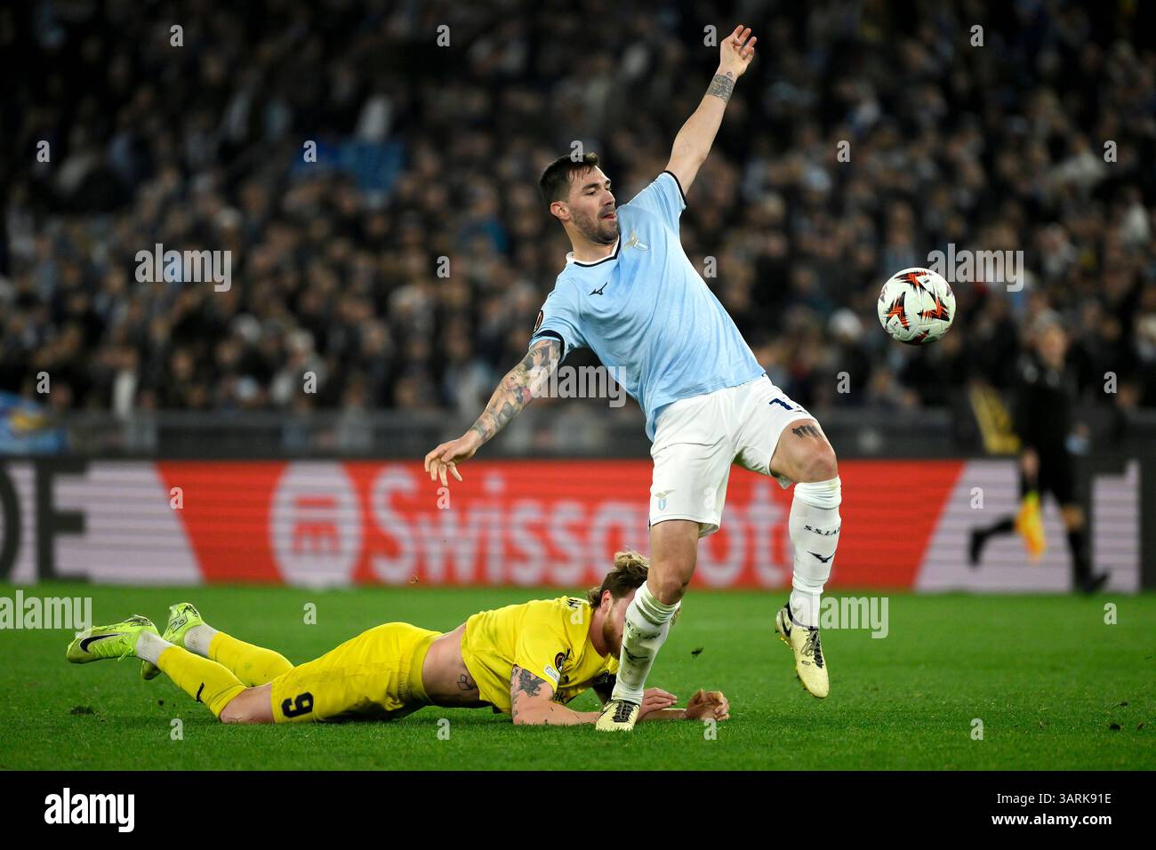 Rome, Italy. 17th Apr, 2025. Kasper Hogh of Bodo Glimt and Alessio ...