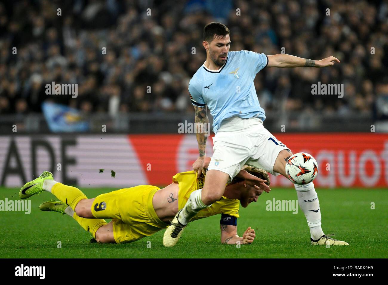 Rome, Italy. 17th Apr, 2025. Kasper Hogh of Bodo Glimt and Alessio ...
