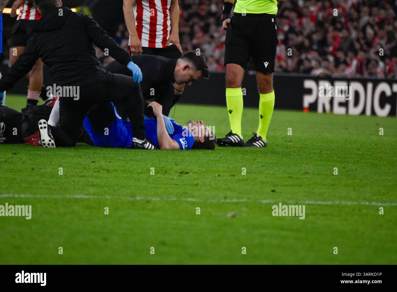 Bilbao, Spain, April 17, 2025: A Rangers player on the ground during ...