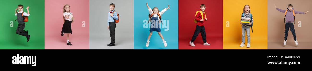 Cute school children on different color backgrounds, collage of photos ...