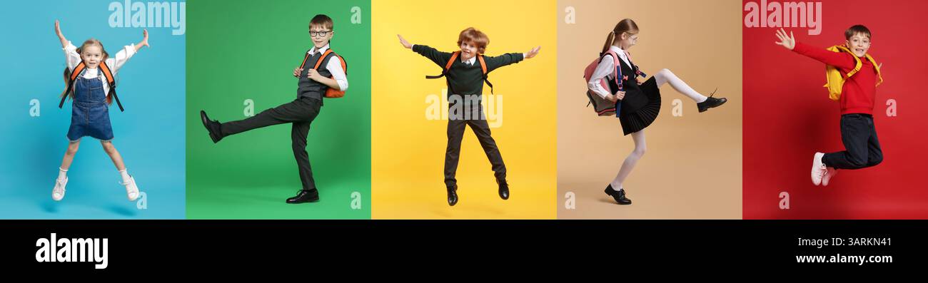 Cute school children with backpacks on different color backgrounds ...