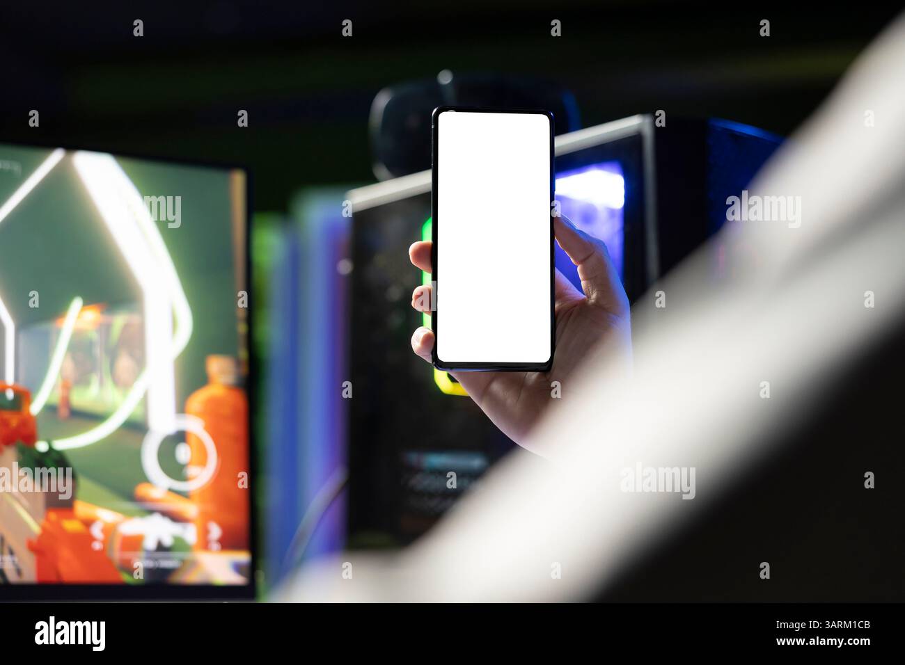 Player Looking At Mockup Mobile Phone While Playing Sf Videogame Using