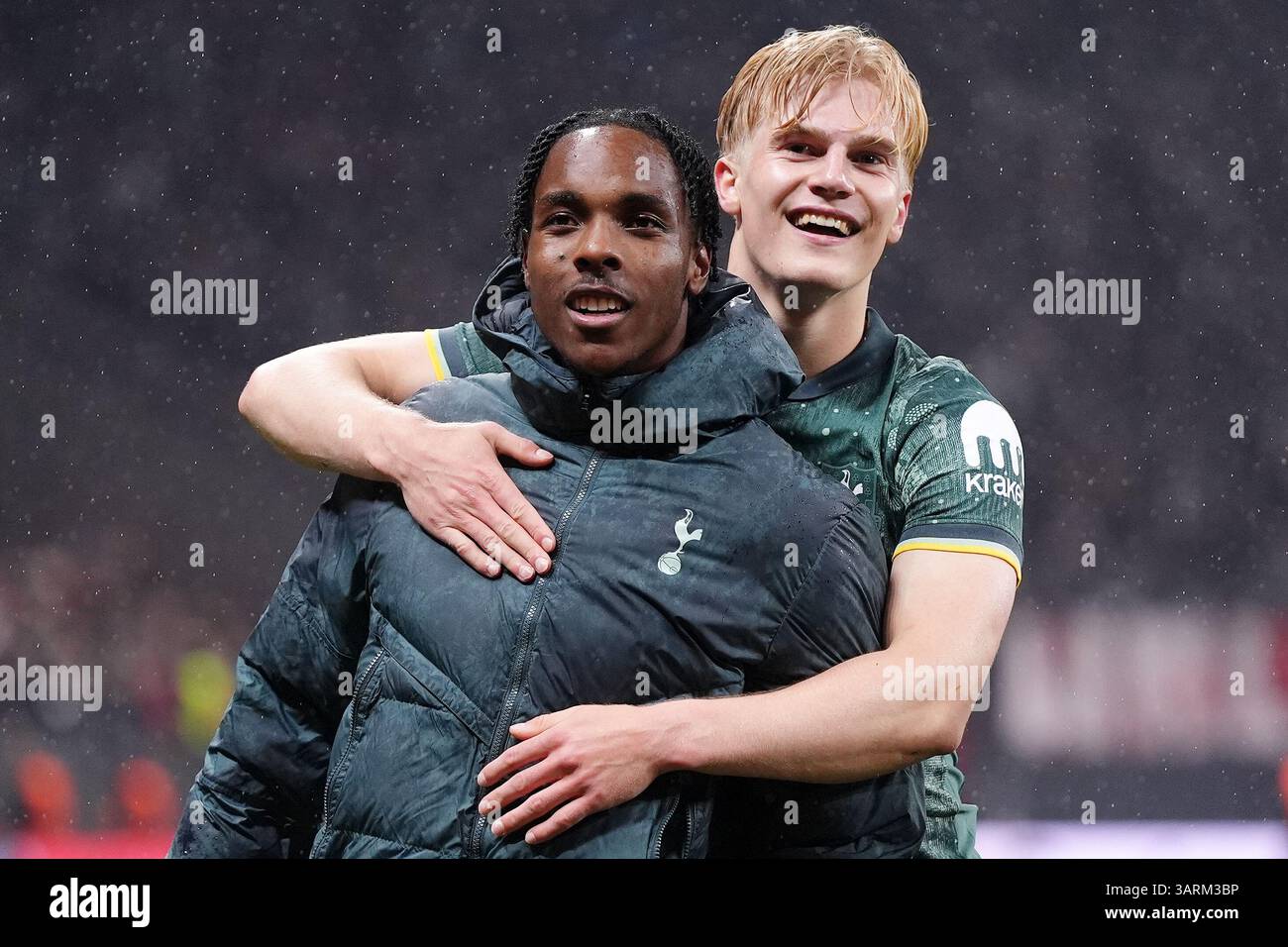 Tottenham Hotspur's Mathys Tel (left) and Lucas Bergvall after the UEFA Europa League quarter ...