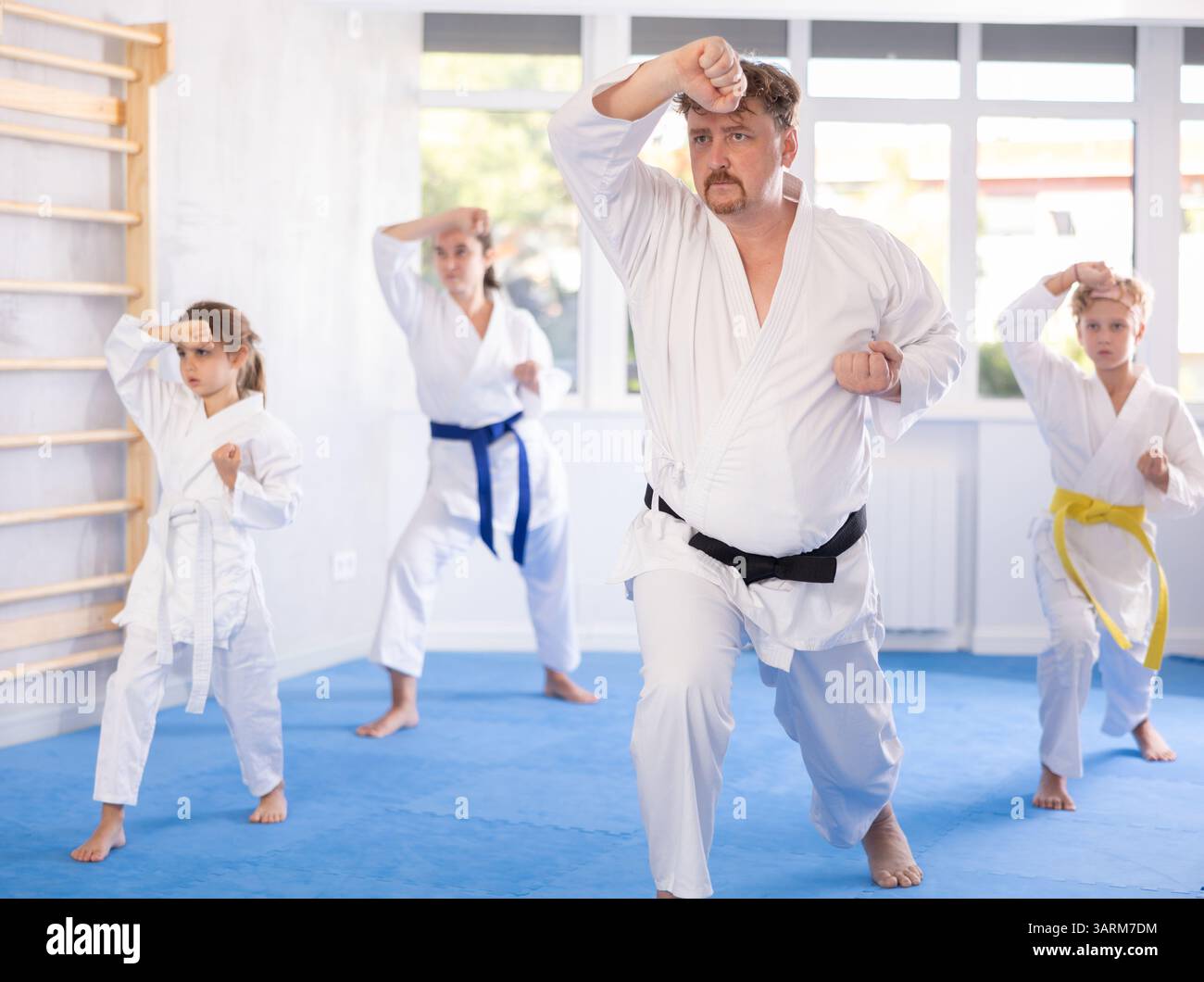 Family with children training karate techniques Stock Photo - Alamy