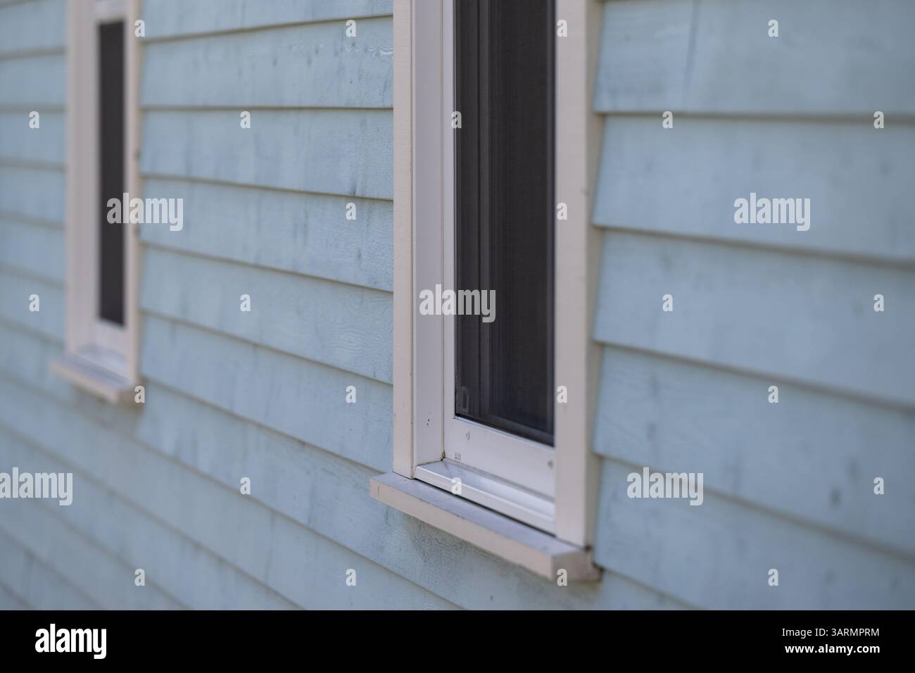 The exterior of a pale blue vintage house has two glass, white vinyl ...