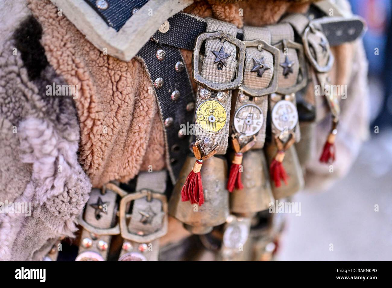A close-up of traditional Kukeri bells—known locally as chanove—reveals ...