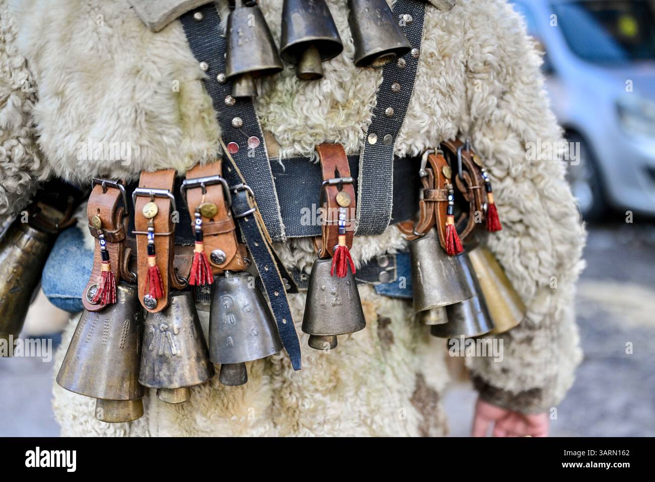 A close-up of traditional Kukeri bells—known locally as chanove—reveals ...