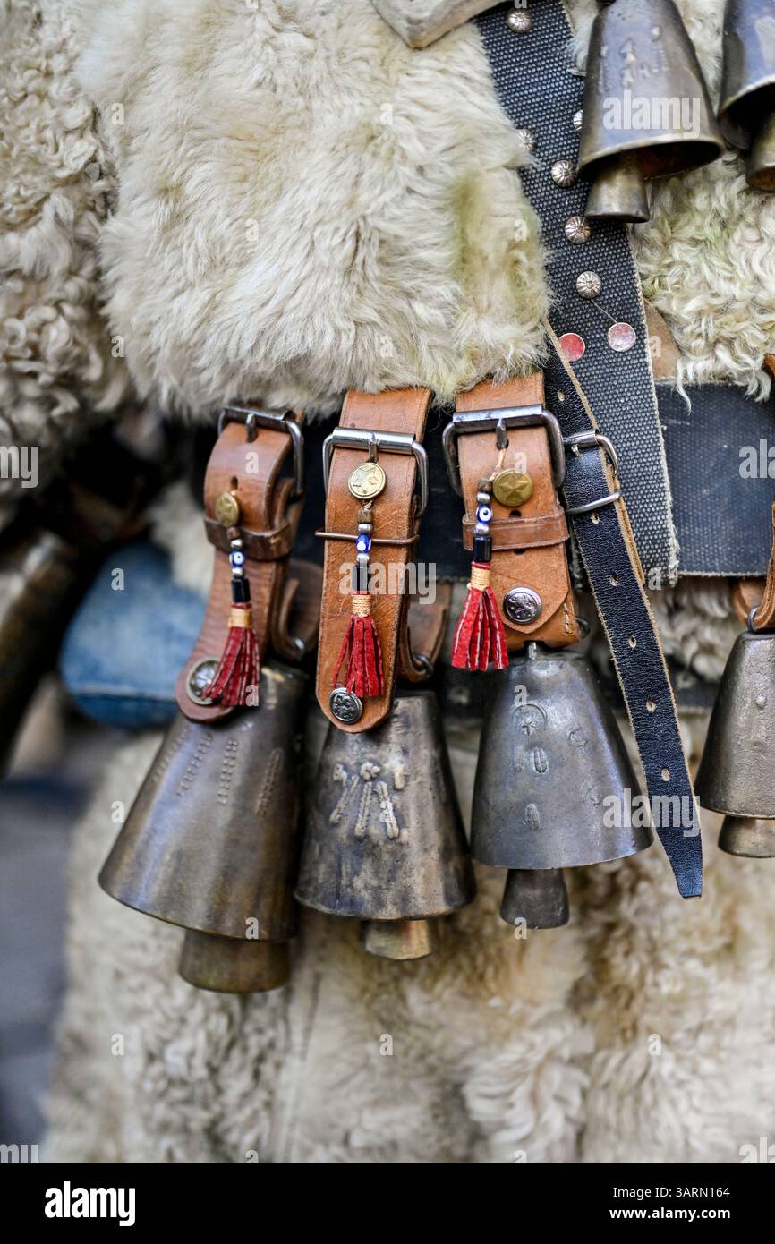 A close-up of traditional Kukeri bells—known locally as chanove—reveals ...