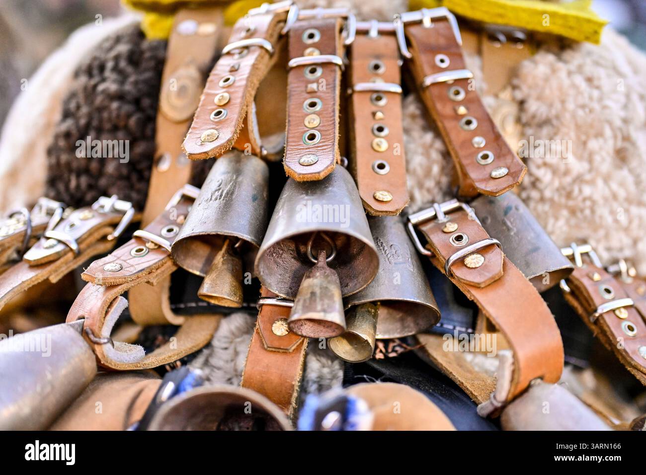 A close-up of traditional Kukeri bells—known locally as chanove—reveals ...
