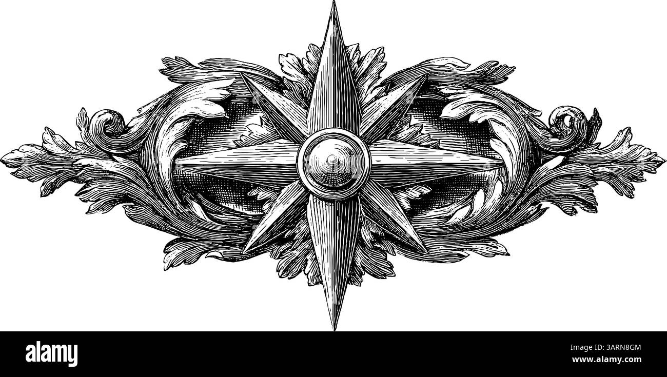Elegant baroque compass rose design with intricate engraved details for ...