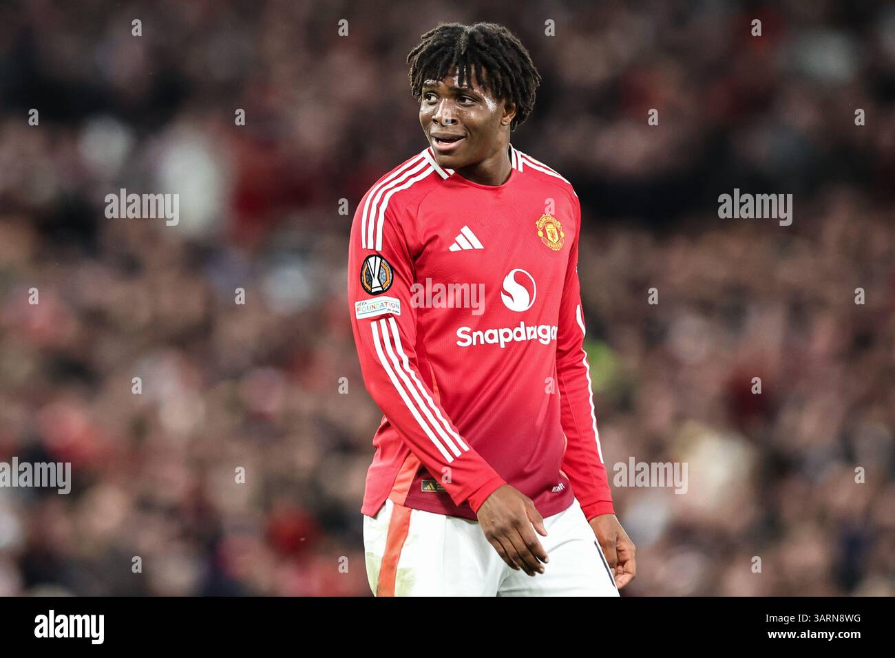 Manchester, UK. 17th Apr, 2025. Patrick Dorgu of Manchester United ...