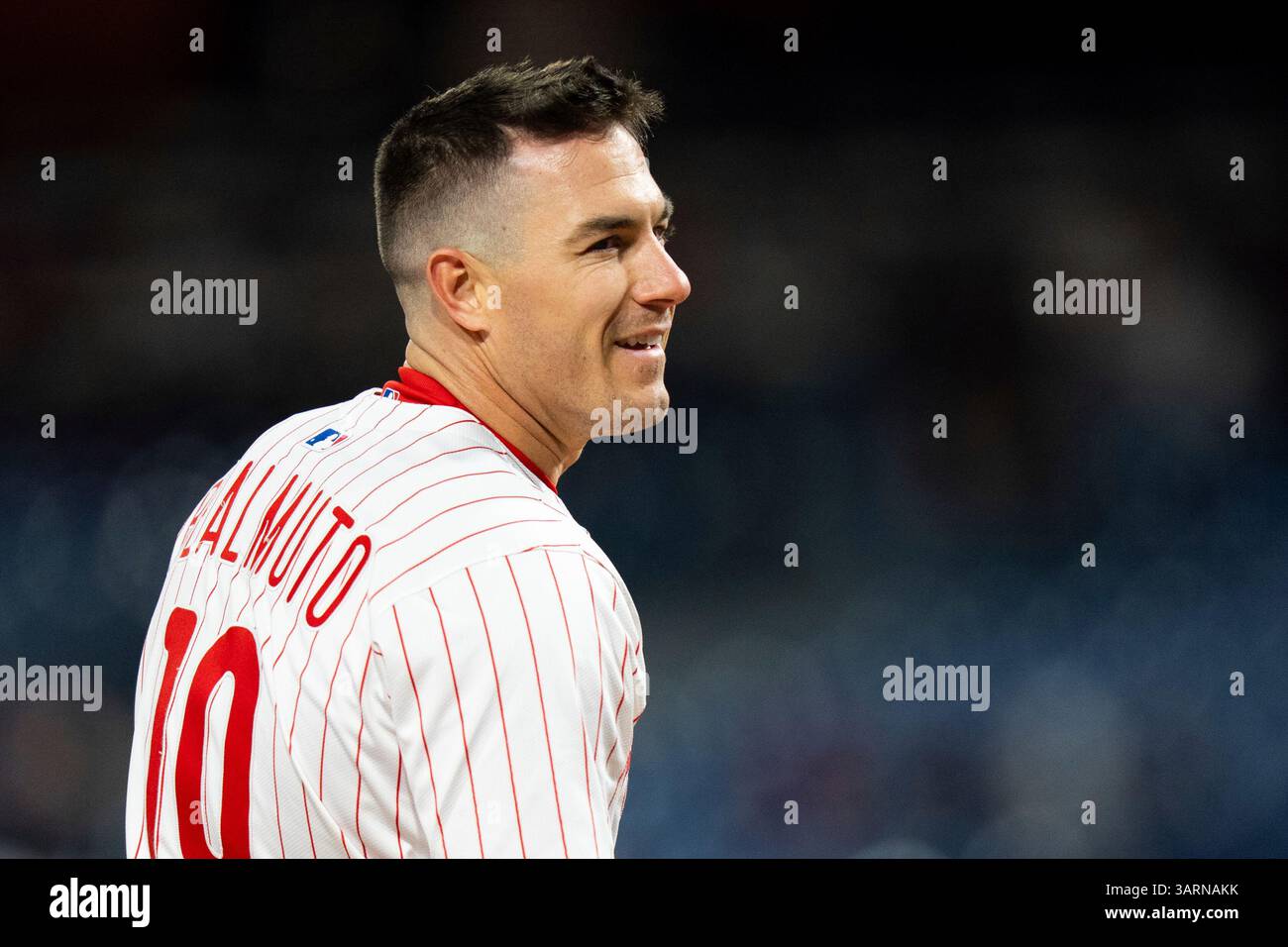 Philadelphia Phillies' J.T. Realmuto reacts to being called out on ...