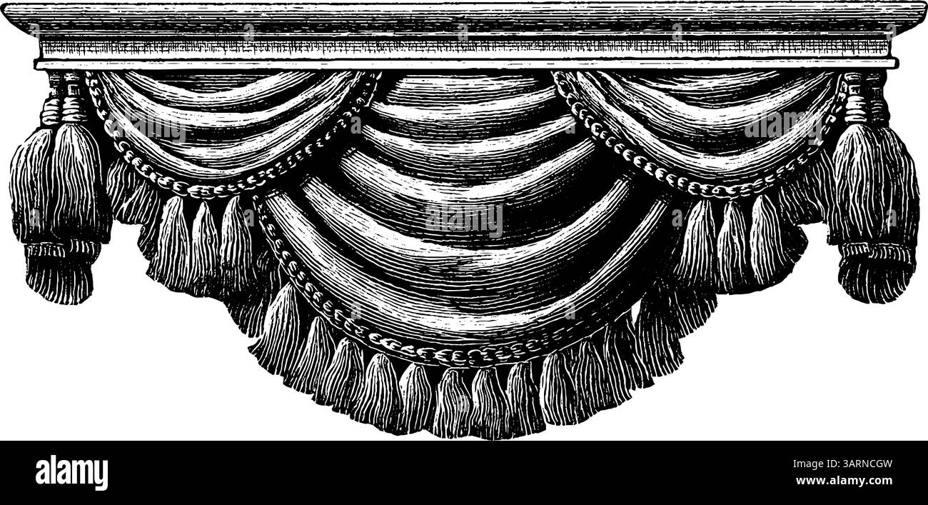 Baroque curtain drapery engraving for classic interior design and decor ...