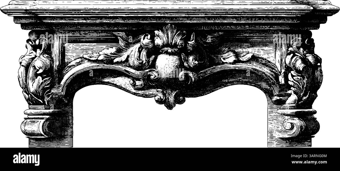 Ornate baroque fireplace engraving design for historical interiors ...