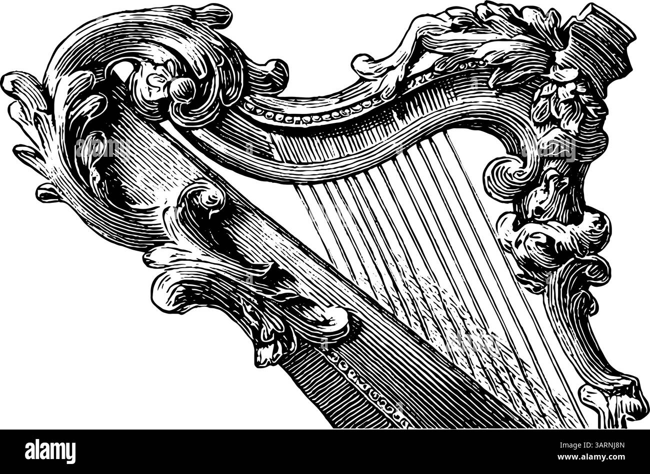 Baroque harp with roses and wings: vintage engraved design for ...