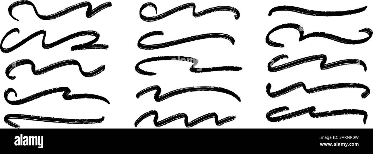 Black wave paint stripe set. Squiggle sketch brush stroke collection ...