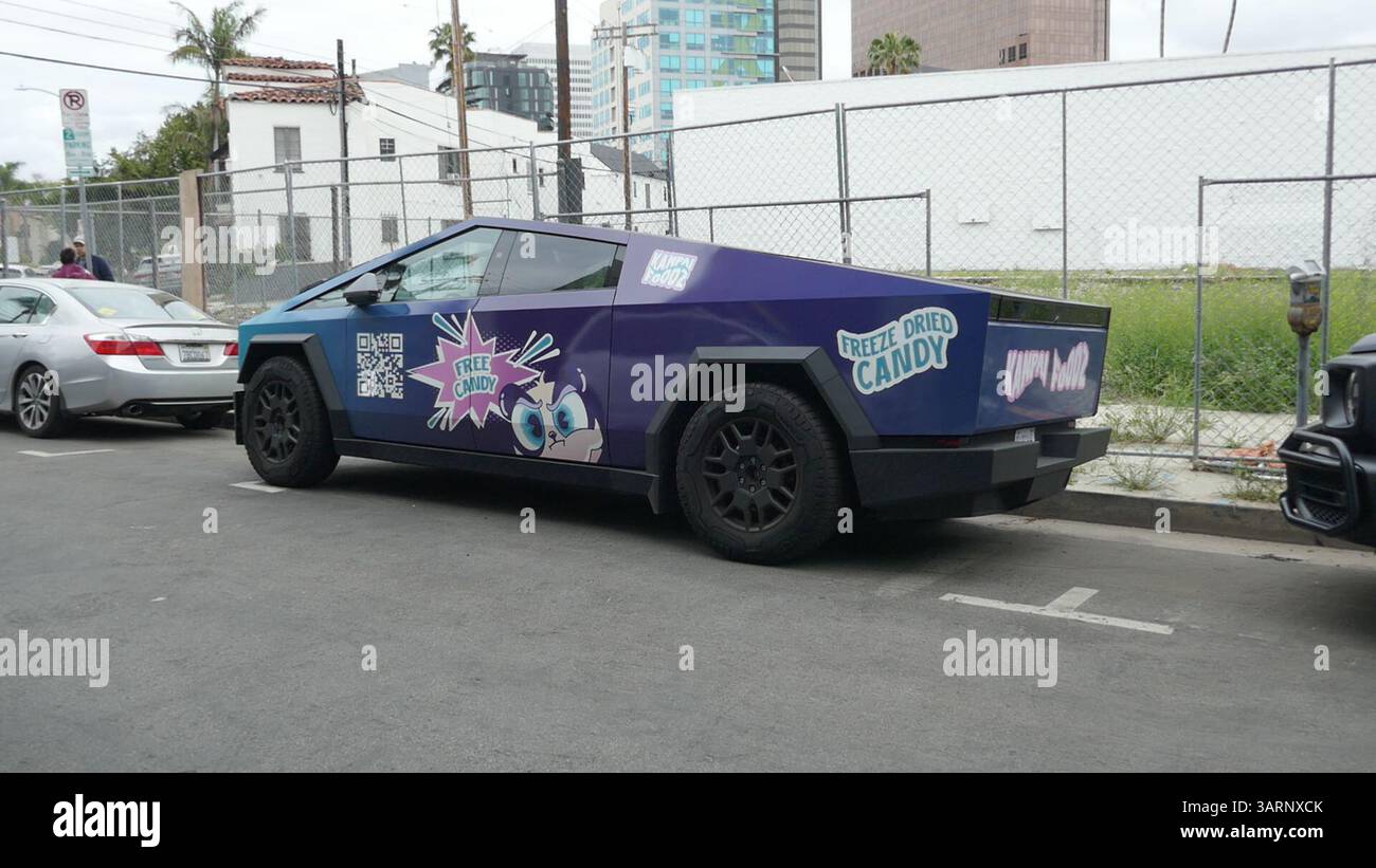 Los Angeles, California, USA 17th April 2025 Purple Tesla Cybertruck ...