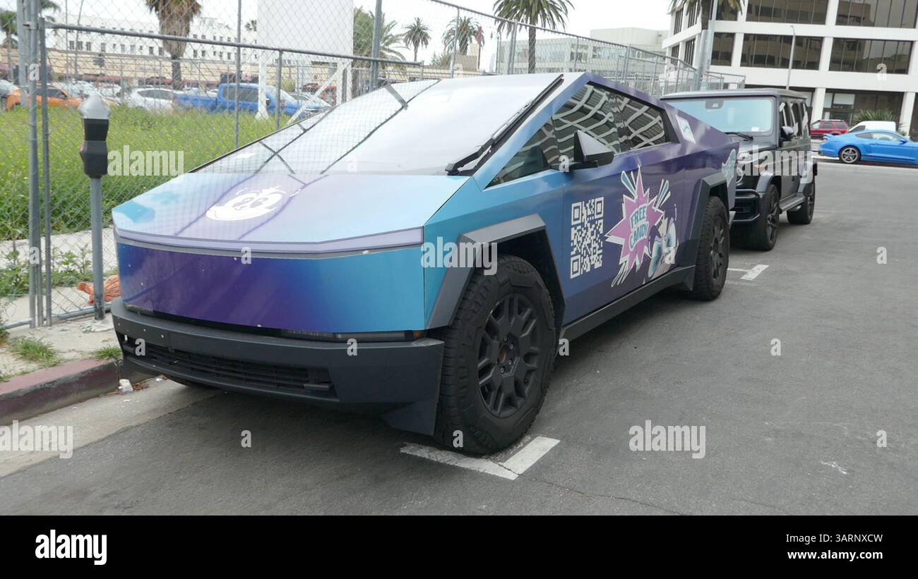 Los Angeles, California, USA 17th April 2025 Purple Tesla Cybertruck ...