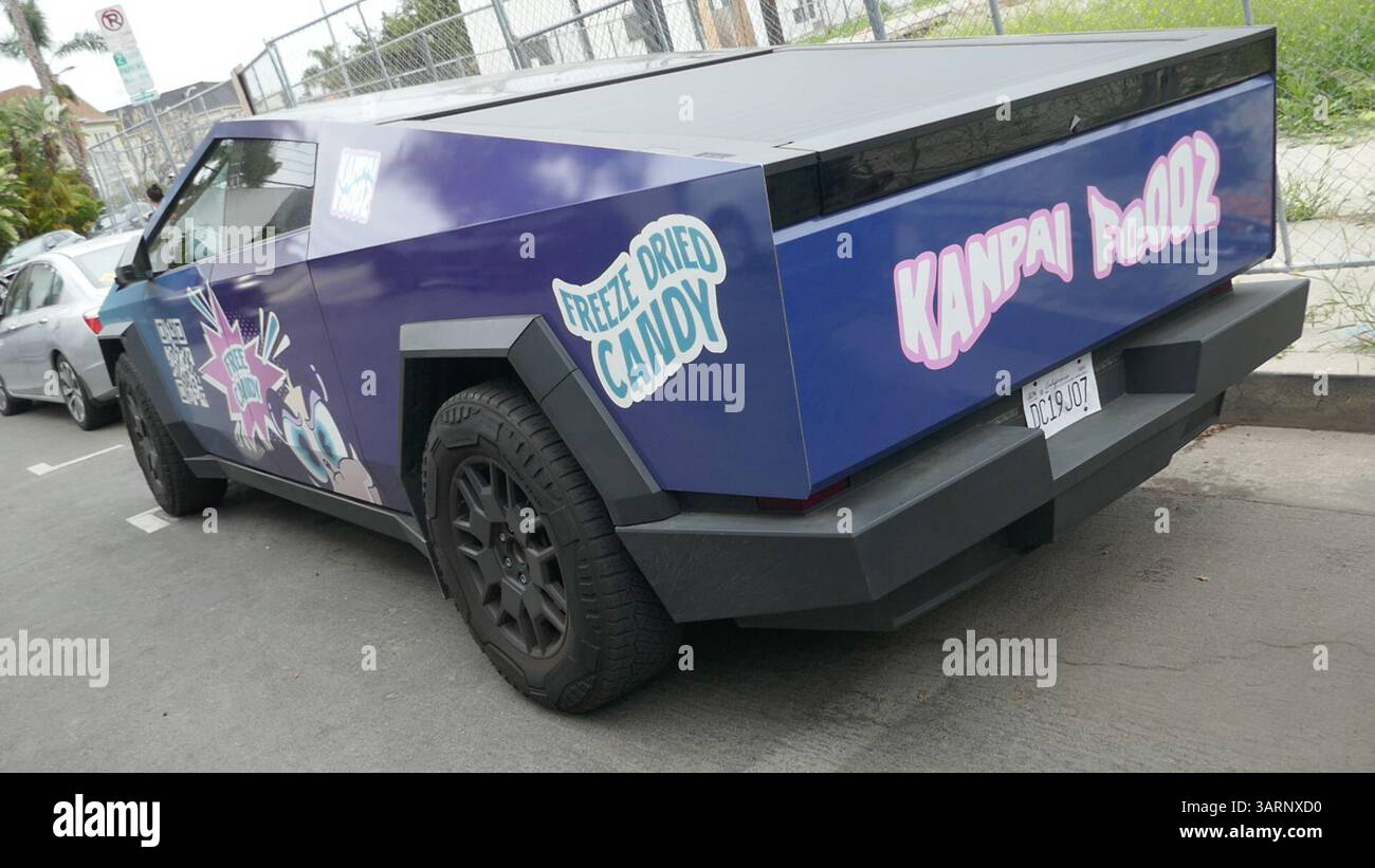 Los Angeles, California, USA 17th April 2025 Purple Tesla Cybertruck ...