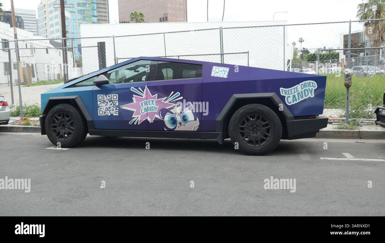 Los Angeles, California, USA 17th April 2025 Purple Tesla Cybertruck ...