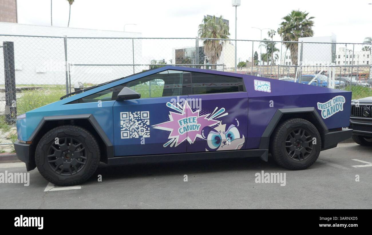 Los Angeles, California, USA 17th April 2025 Purple Tesla Cybertruck ...